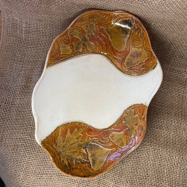 Ceramic platter_Meadows_fall leaves - Blue Moose Art Gallery